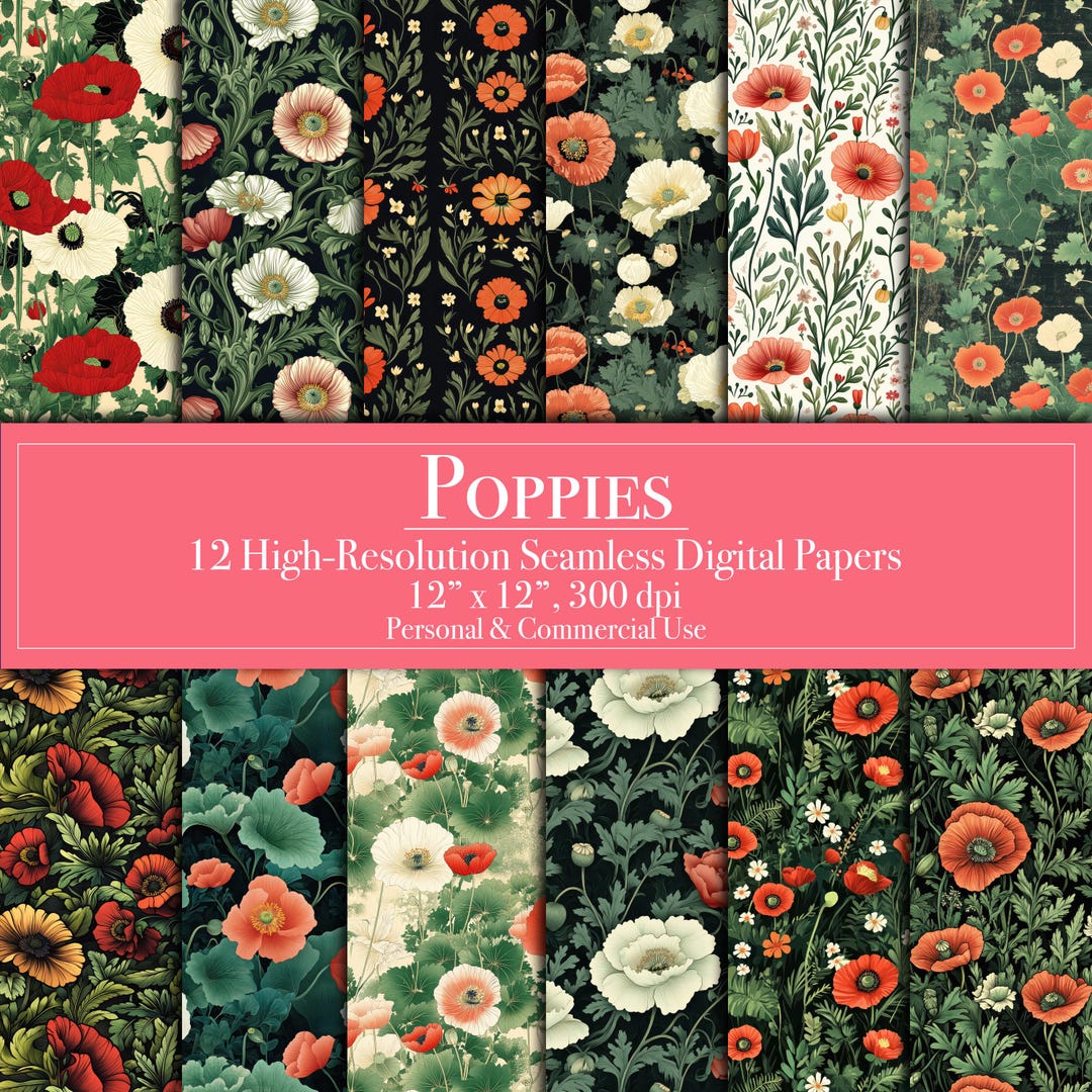 Poppies Digital Paper, Poppy Seamless Digital Scrapbook Paper, Planner ...