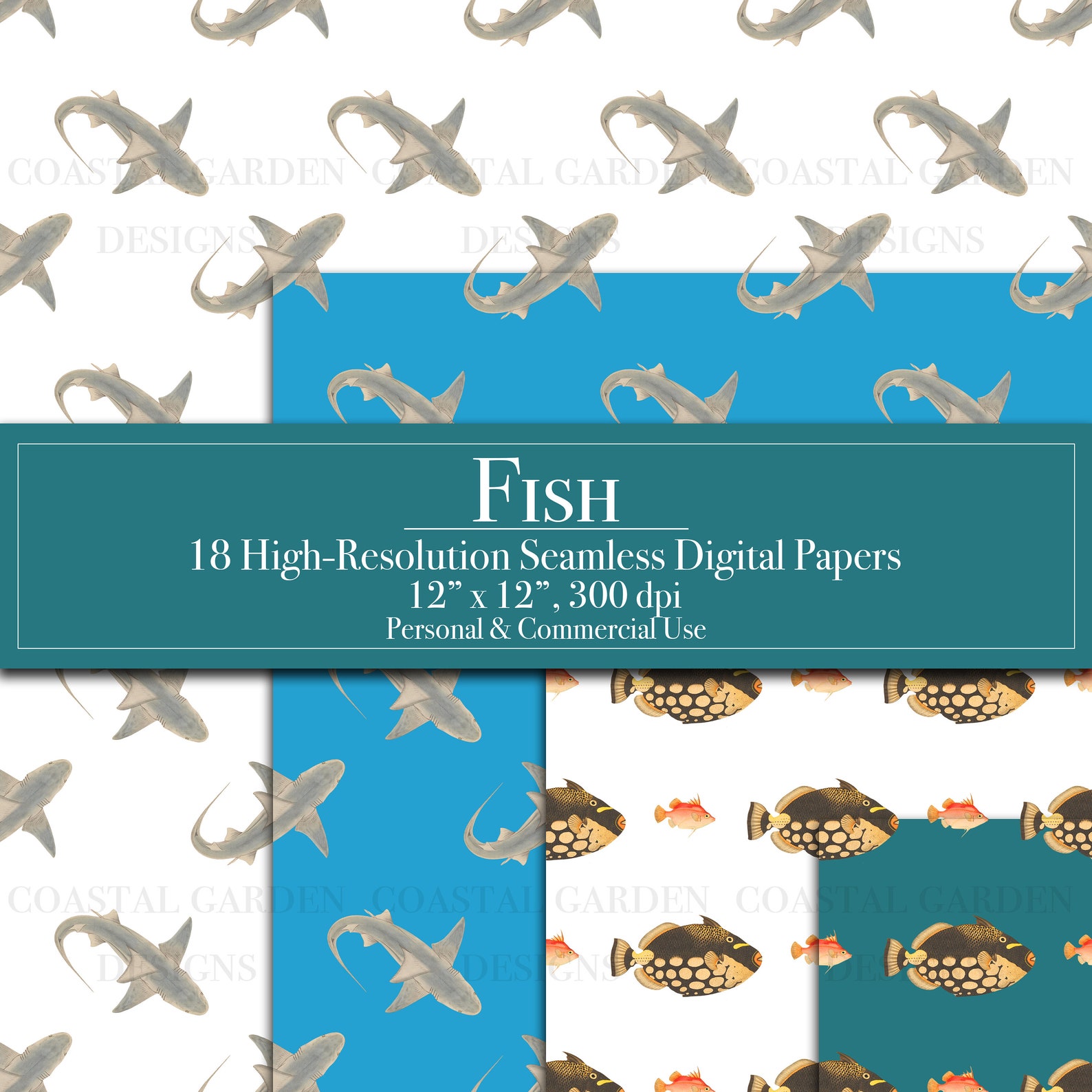 Fish Digital Papers, Ocean Seamless Pattern, Fishing Scrapbook Paper ...