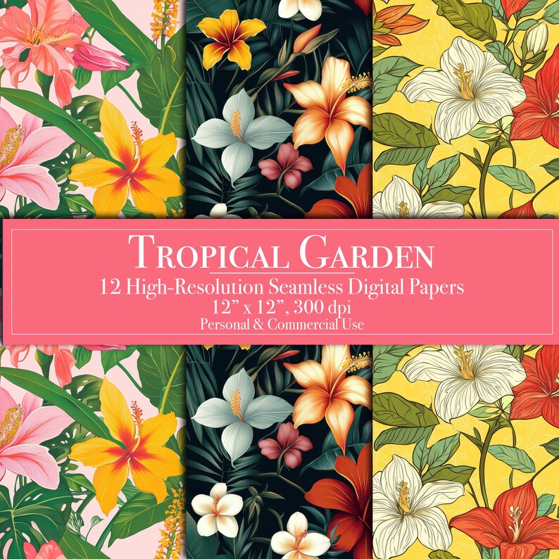 Tropical Flowers Digital Paper, Botanical Seamless Pattern, Scrapbook ...