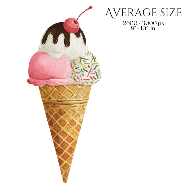 Ice Cream Cones Clipart, Watercolor Gelato Ephemera, Summer Dessert ...