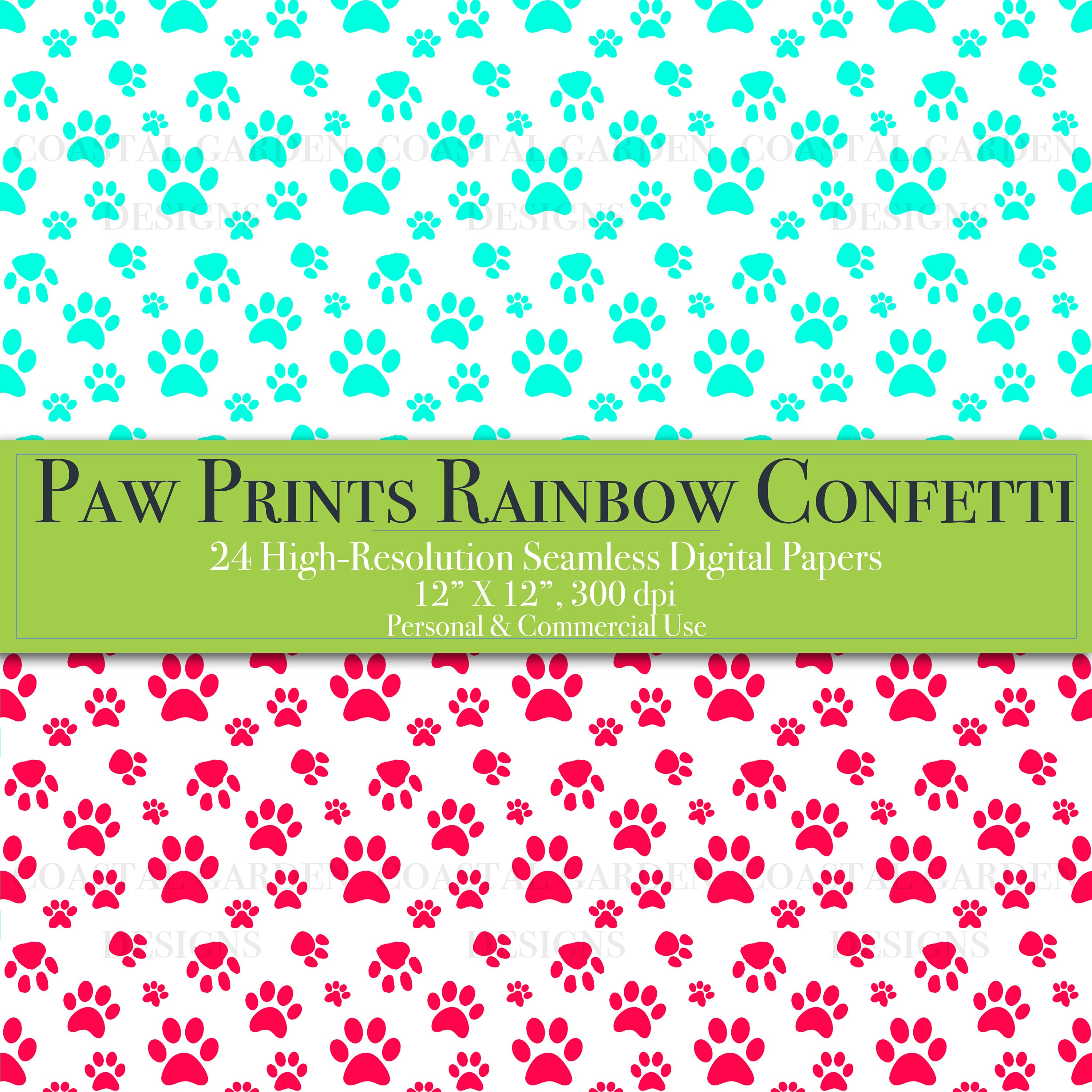 Paw Prints Rainbow Confetti Digital Paper Bundle, Seamless Pattern, Dog ...