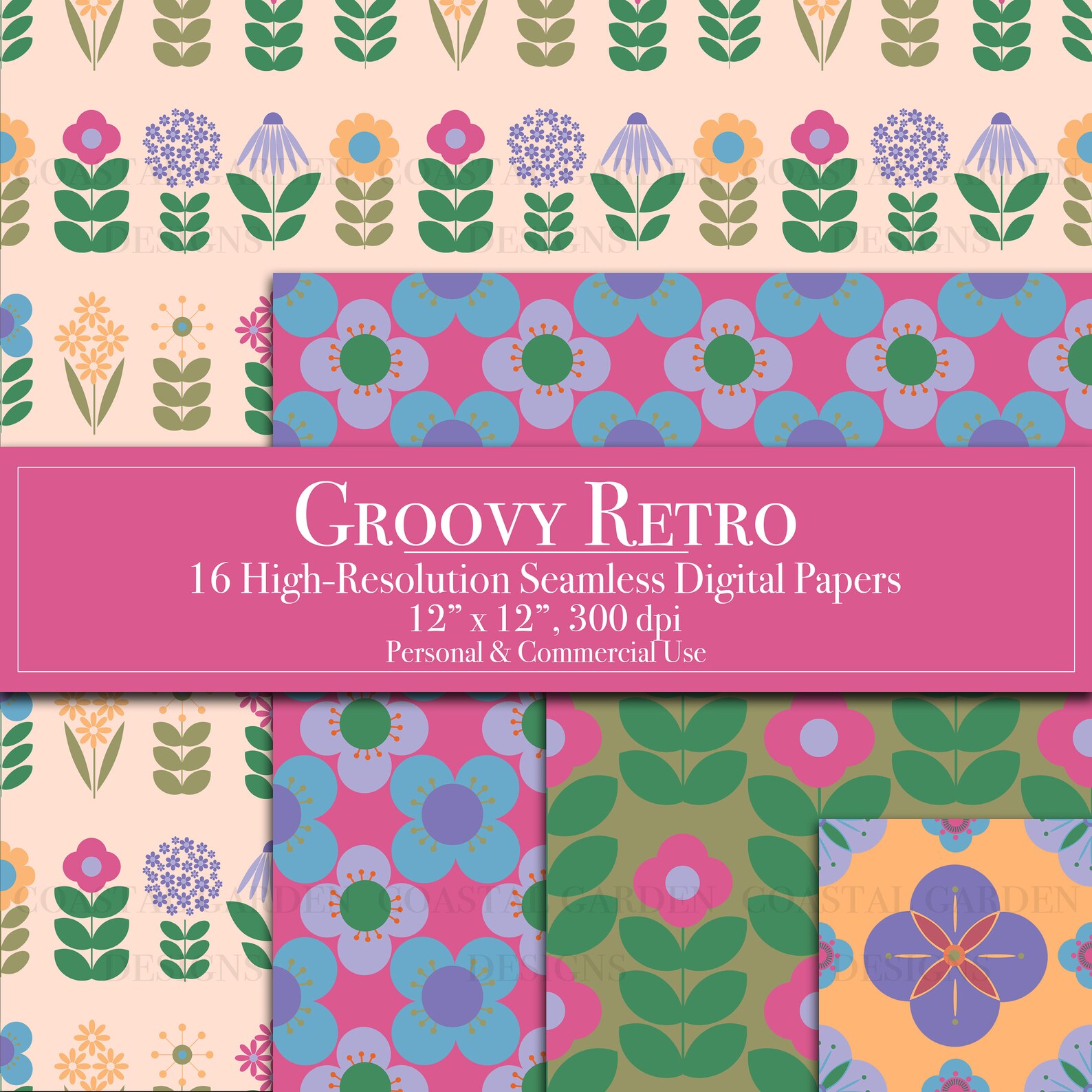 Groovy Retro Digital Papers, Seamless Pattern Scrapbook Paper ...