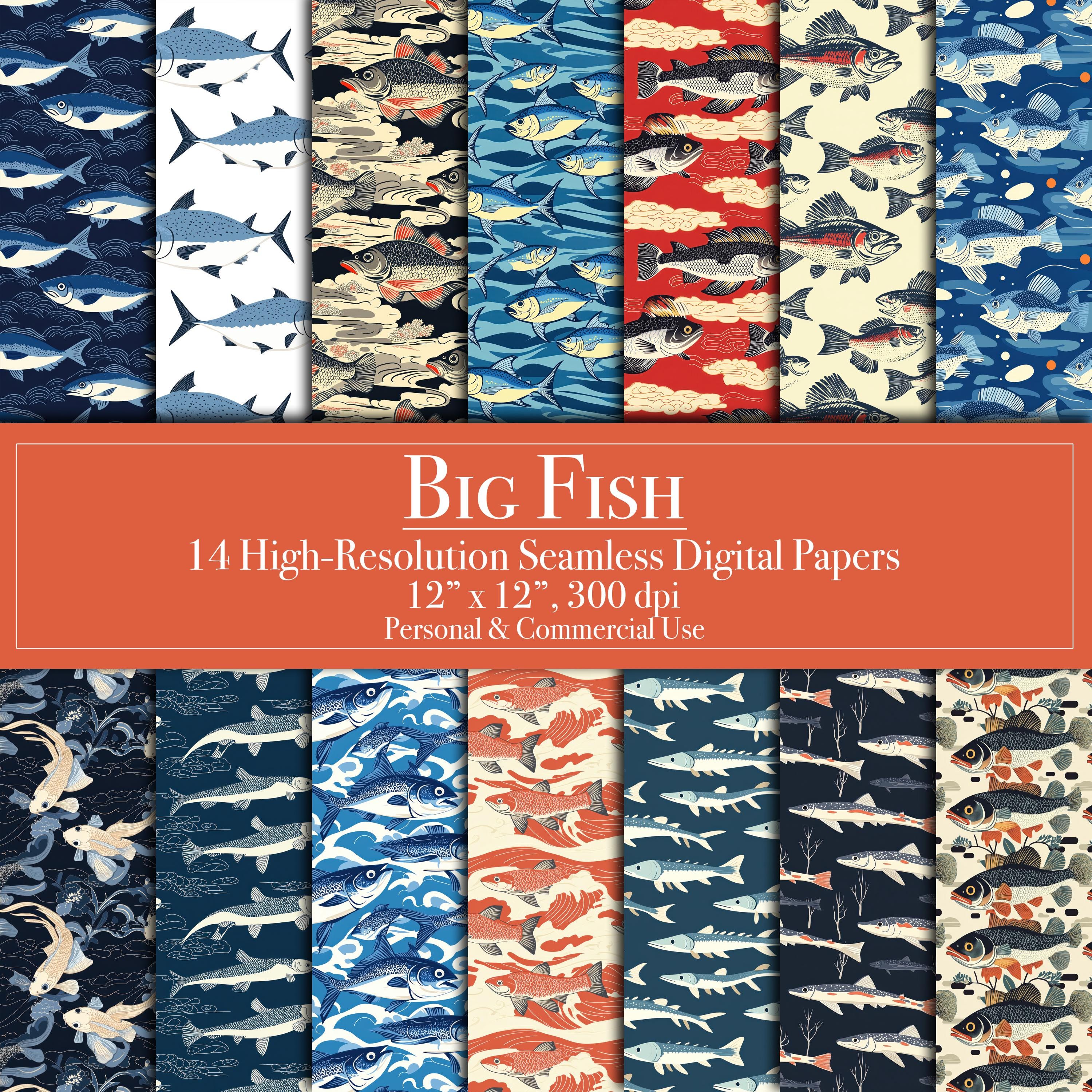 Big Fish Digital Papers, Fishing Seamless Pattern Scrapbook Paper ...