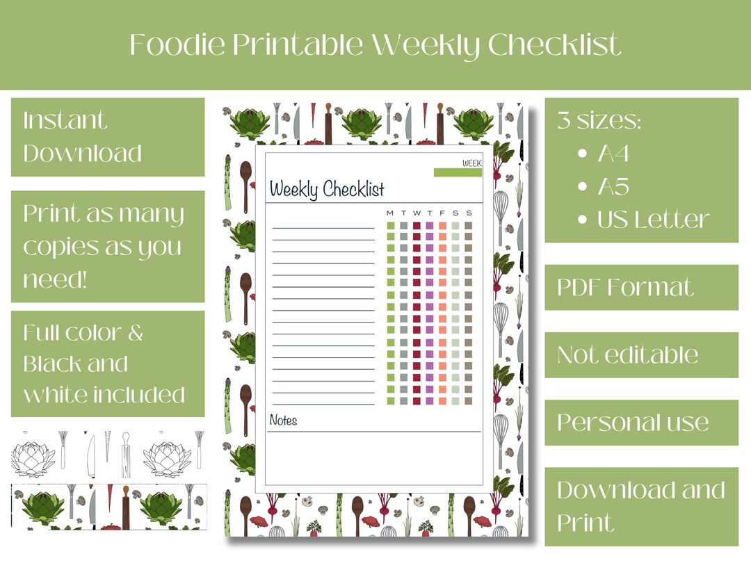 Foodie Printable Weekly Checklist Template, Chef Theme, Cooking Blank ...