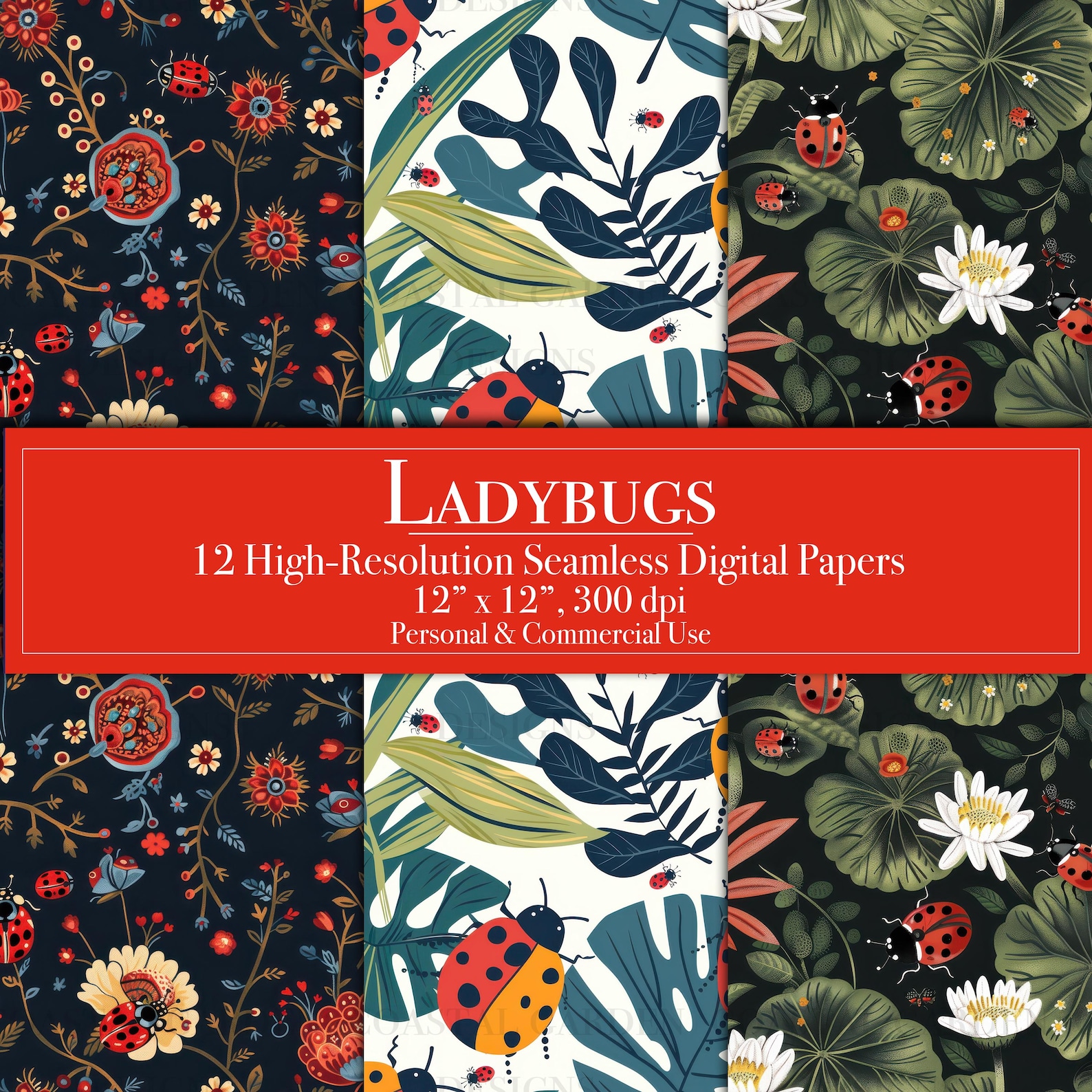 Ladybug Digital Papers, Floral Seamless Digital Scrapbook Patterns ...