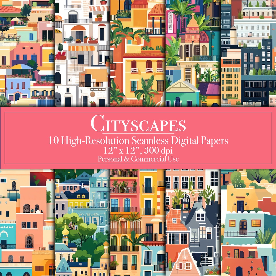 Cityscape Digital Papers, Buildings Seamless Digital Scrapbook Patterns ...