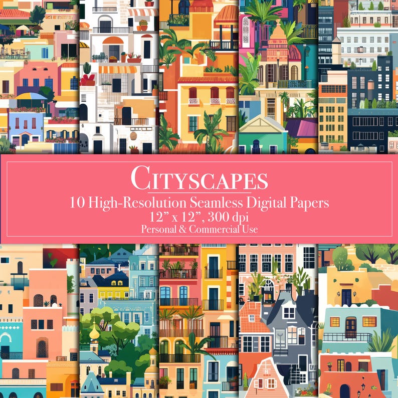Cityscape Digital Papers, Buildings Seamless Digital Scrapbook Patterns ...