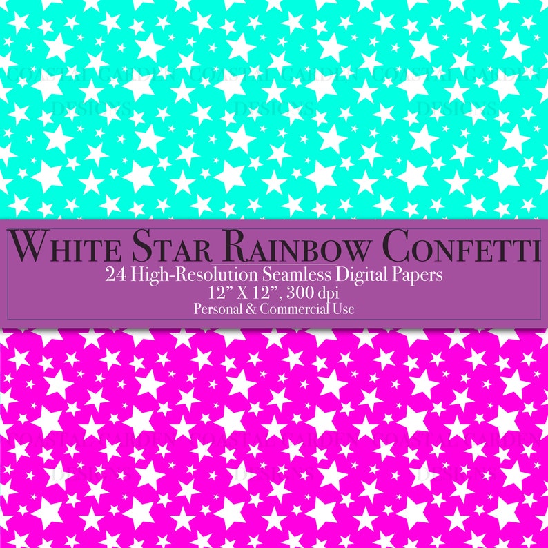 White Star Rainbow Confetti Digital Paper Bundle, Seamless Pattern ...