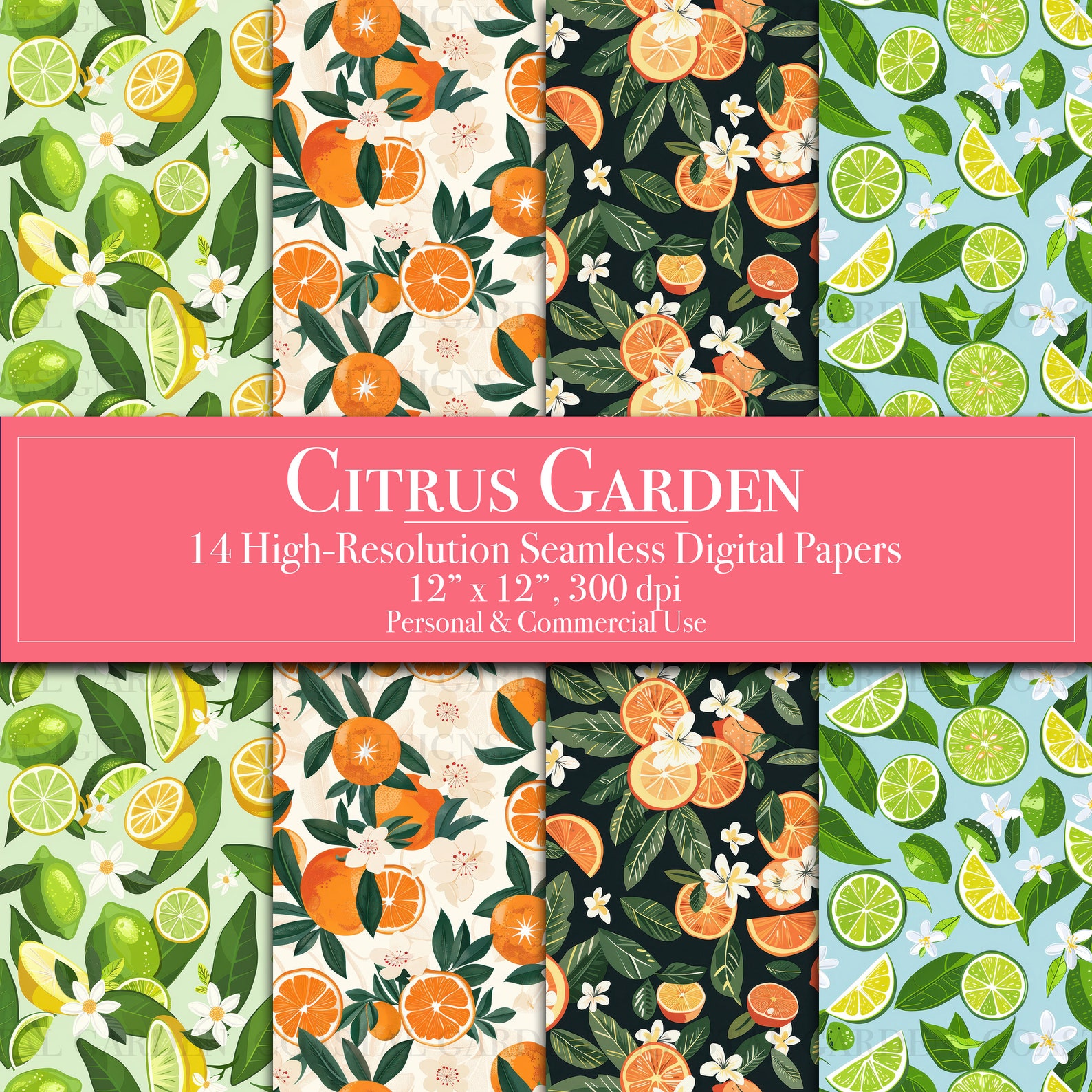Citrus Garden Digital Papers, Orange Seamless Pattern Scrapbook Paper ...
