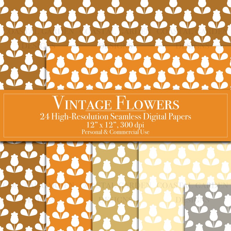 Vintage Flower Silhouette Digital Papers, Seamless Scrapbook Paper ...
