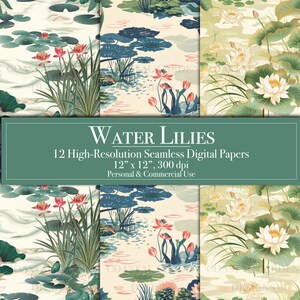 Water Lilies Digital Paper, Lotus Flowers Seamless Digital Scrapbook ...