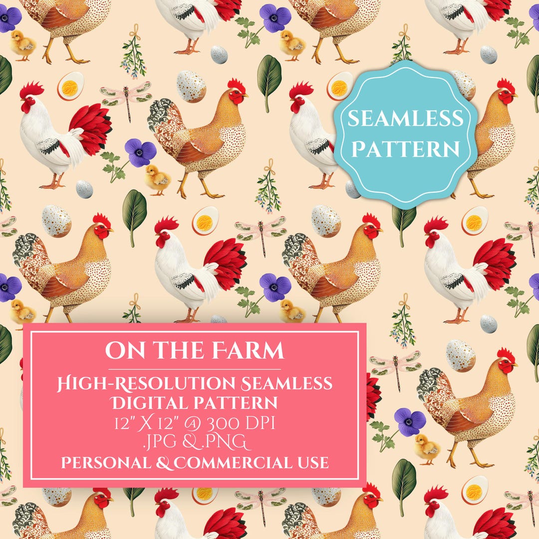 Farm Animal Seamless Pattern, Chicken and Rooster Digital Paper ...