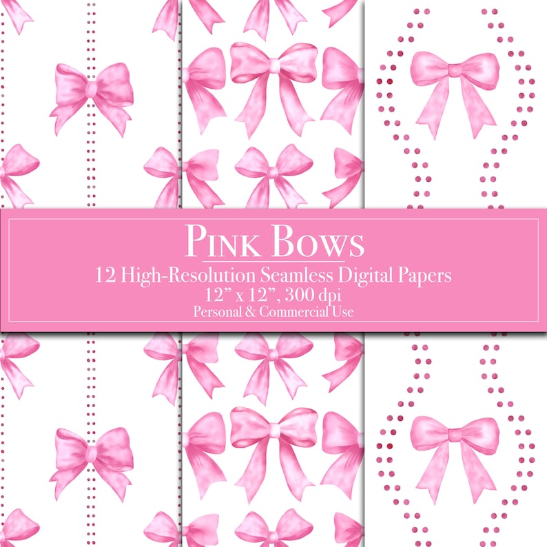 Pink Bows Digital Papers, Preppy Seamless Pattern, Coquette Ribbons ...