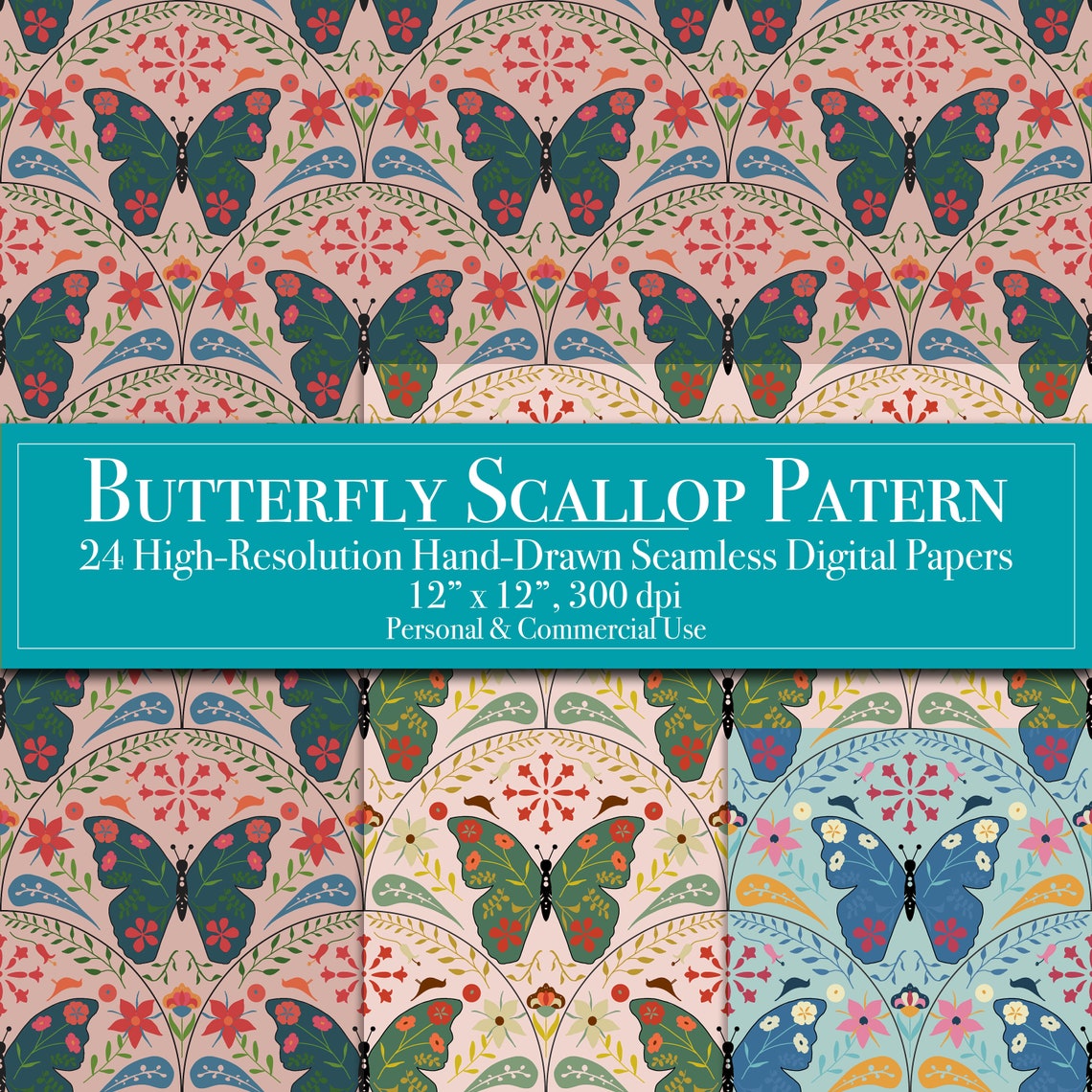 Butterfly Scallop Digital Paper Bundle, Seamless Patterns Scrapbook ...