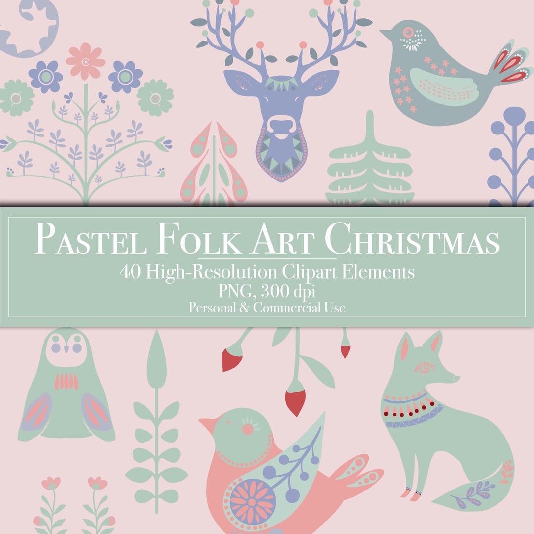 Folk Art Christmas Clipart Pastels, Scandi Clip Art Collection ...