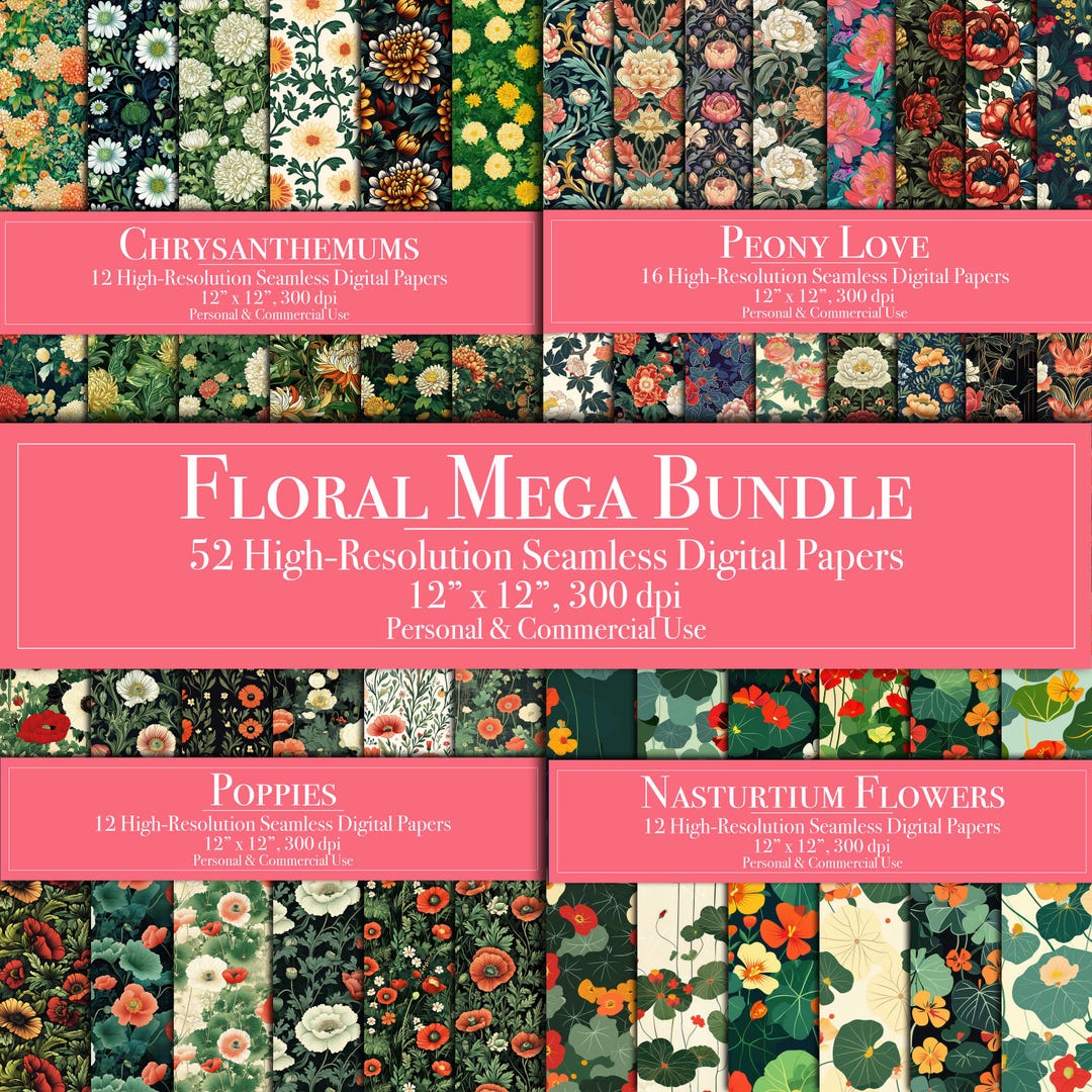 Floral Digital Paper Mega Bundle, 52 Seamless Pattern Scrapbook Paper Commercial Use Instant ...