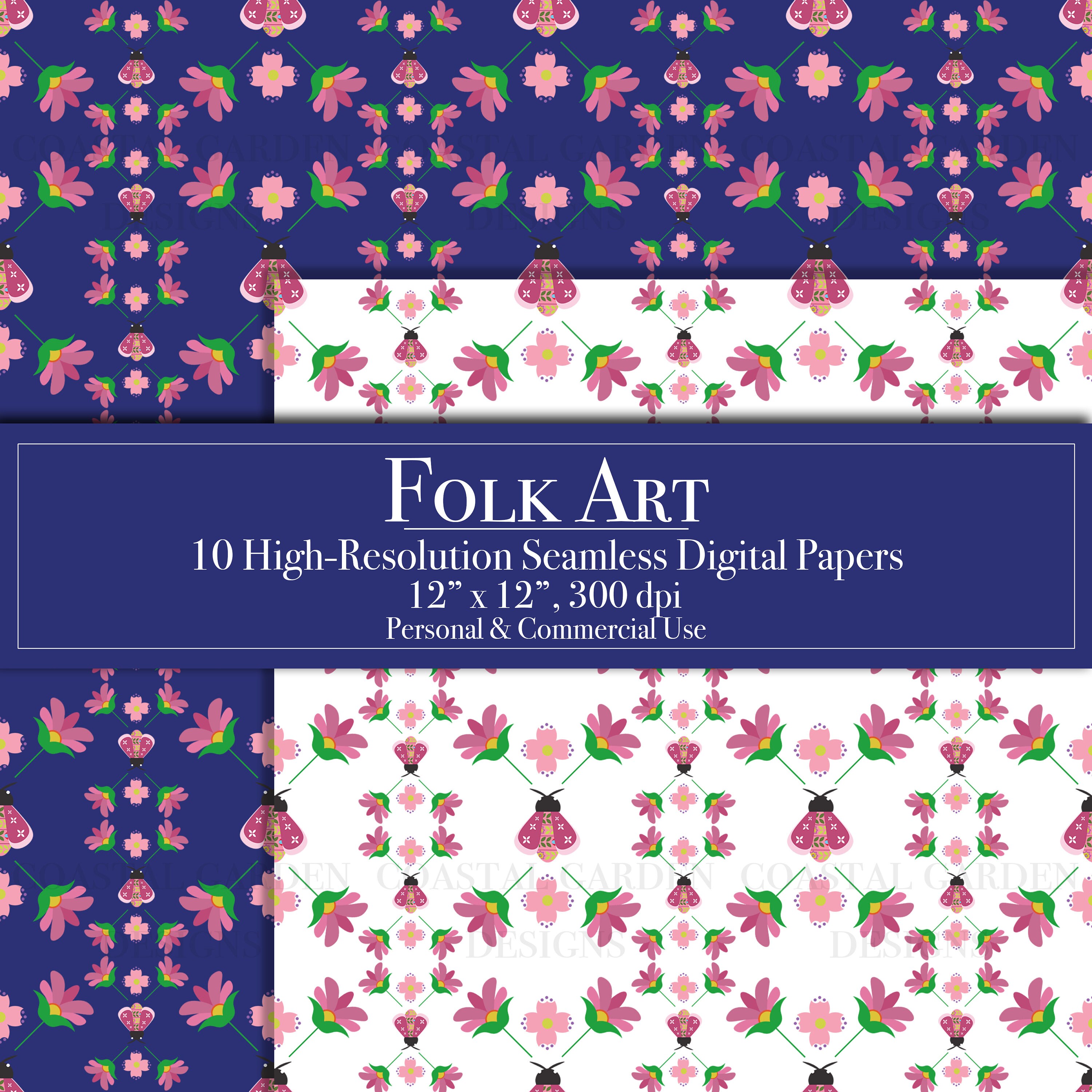 Folk Art Digital Paper, Seamless Digital Scrapbook Paper, Planner ...