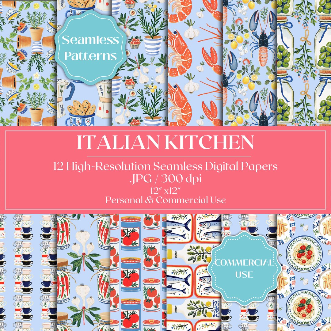 Italian Kitchen Digital Papers, Mediterranean Food Patterns, Pasta ...