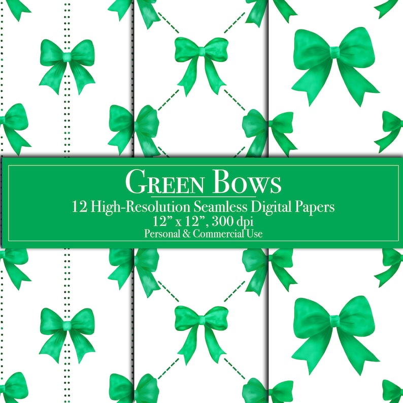 Green Bows Digital Papers & Clipart Bundle, Ribbon Seamless Scrapbook ...