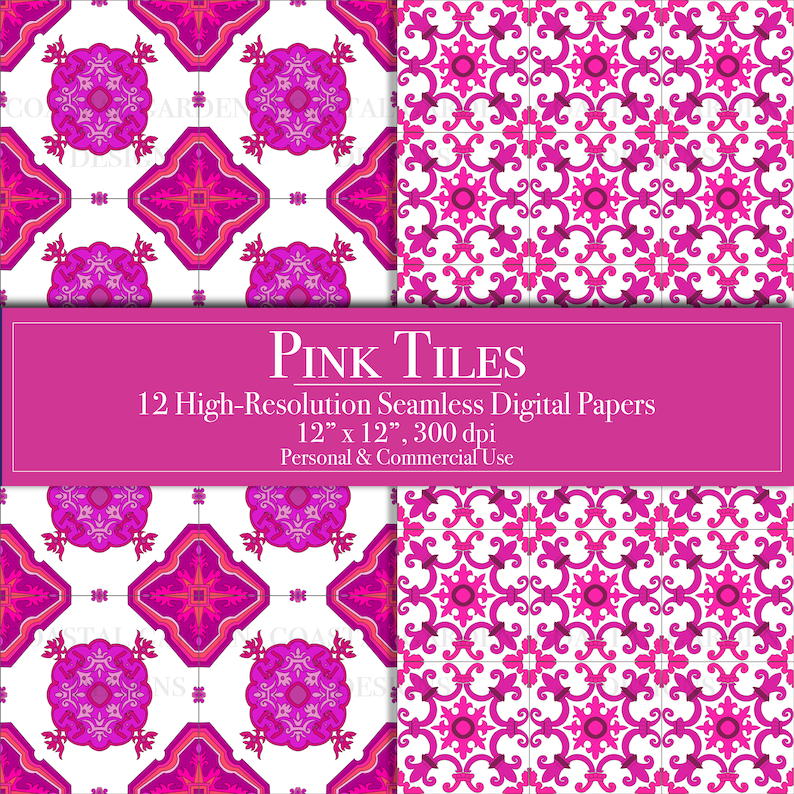 Pink Antique Tiles Digital Paper Bundle, Seamless Coordinating Patterns ...
