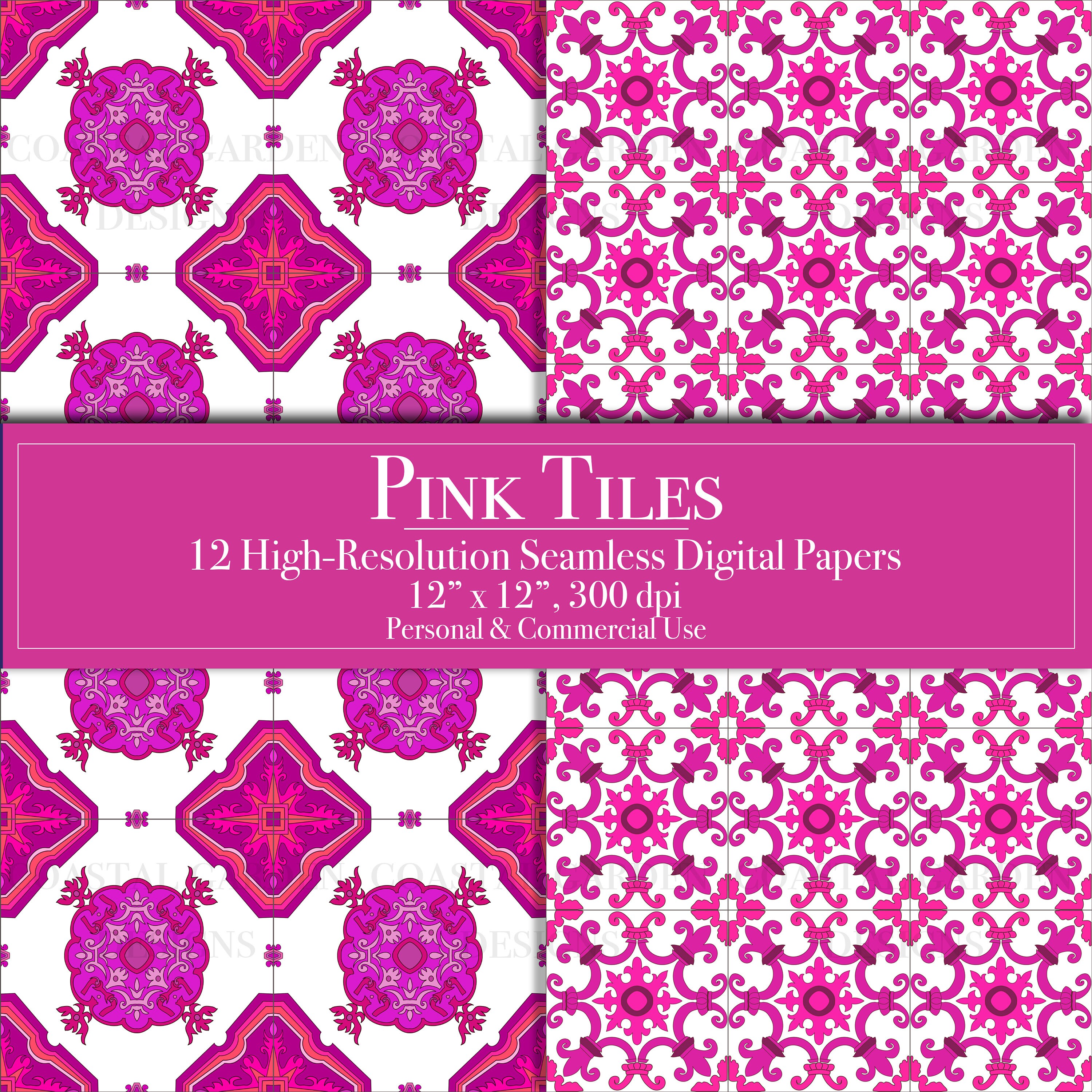 Pink Antique Tiles Digital Paper Bundle, Seamless Coordinating Patterns ...