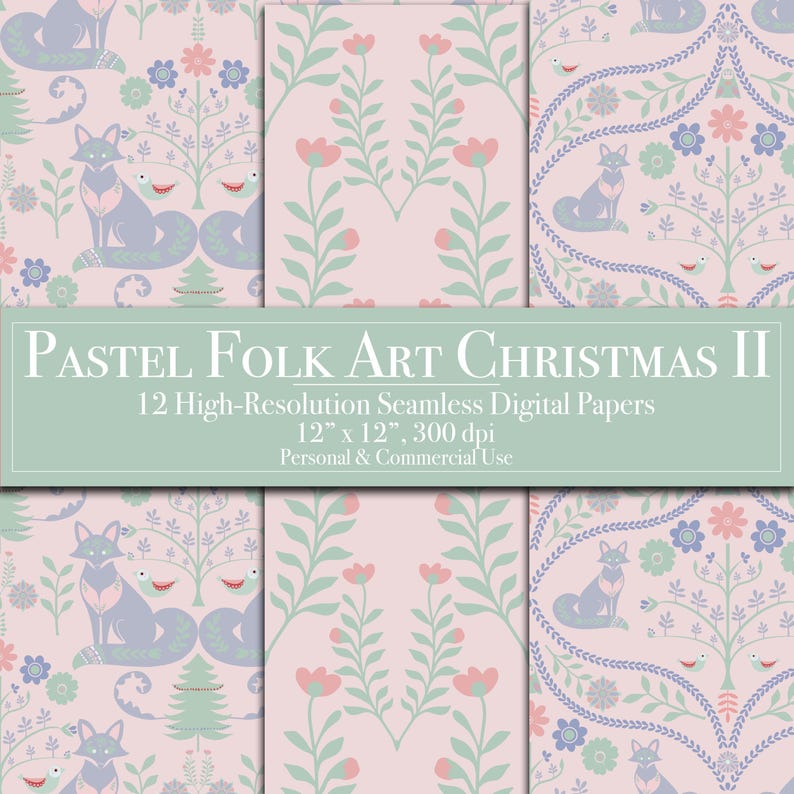 Folk Art Christmas Pastel Digital Paper, Seamless Digital Scrapbook ...