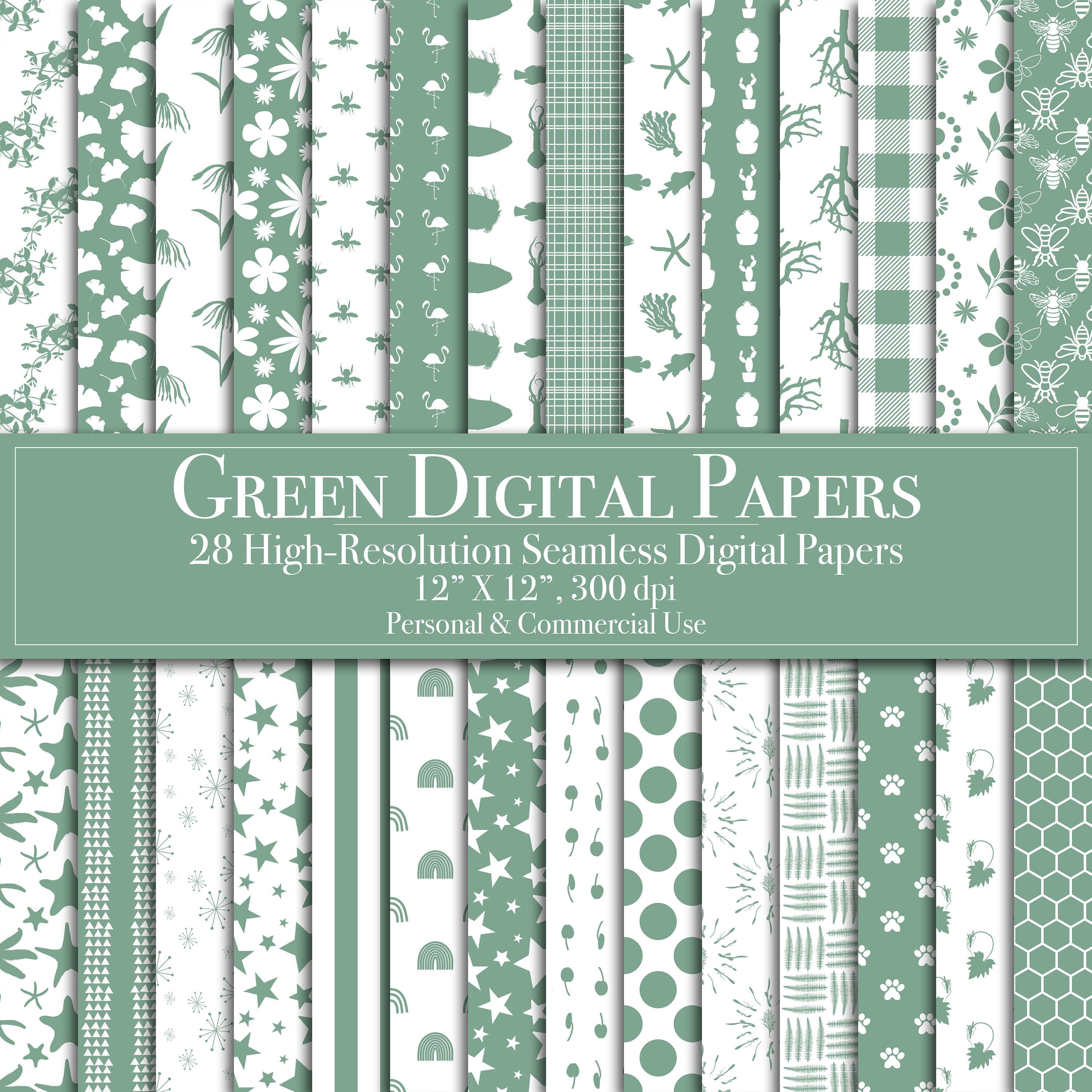 Green Digital Paper Bundle, Seamless Pattern, Scrapbook Paper ...