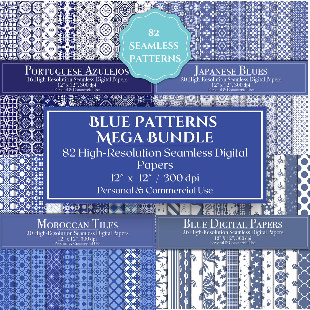 Blue Digital Paper Mega Bundle, 82 Seamless Patterns, Scrapbook Paper Junk Journal, Planner ...