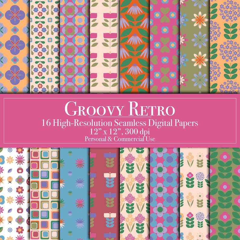 Groovy Retro Digital Papers, Seamless Pattern Scrapbook Paper ...