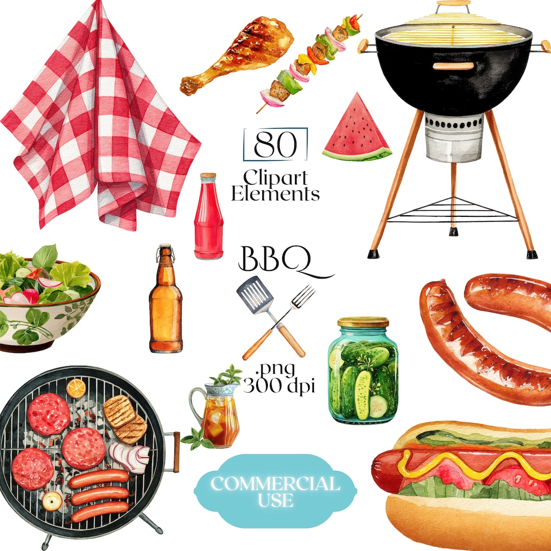BBQ Clipart, Watercolor Grill & Cookout Graphics, Summer Barbecue ...