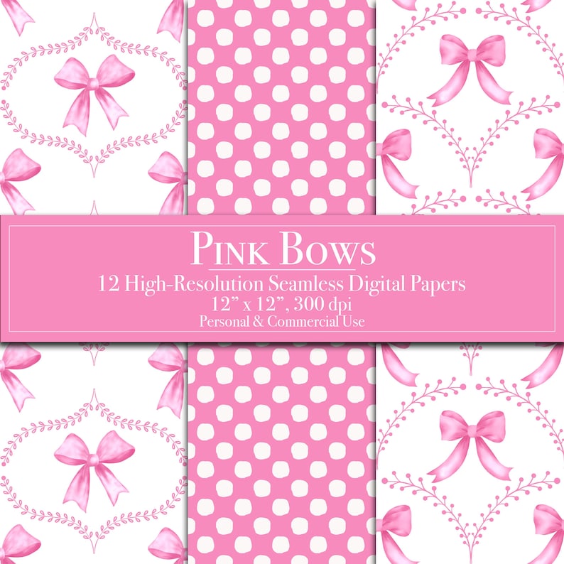 Pink Bows Digital Papers, Preppy Seamless Pattern, Coquette Ribbons ...