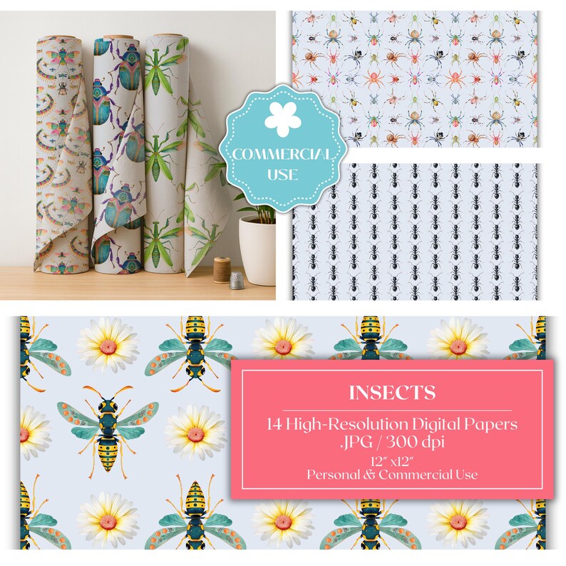 Insects Digital Papers, Seamless Bug Patterns, Botanical Insect ...