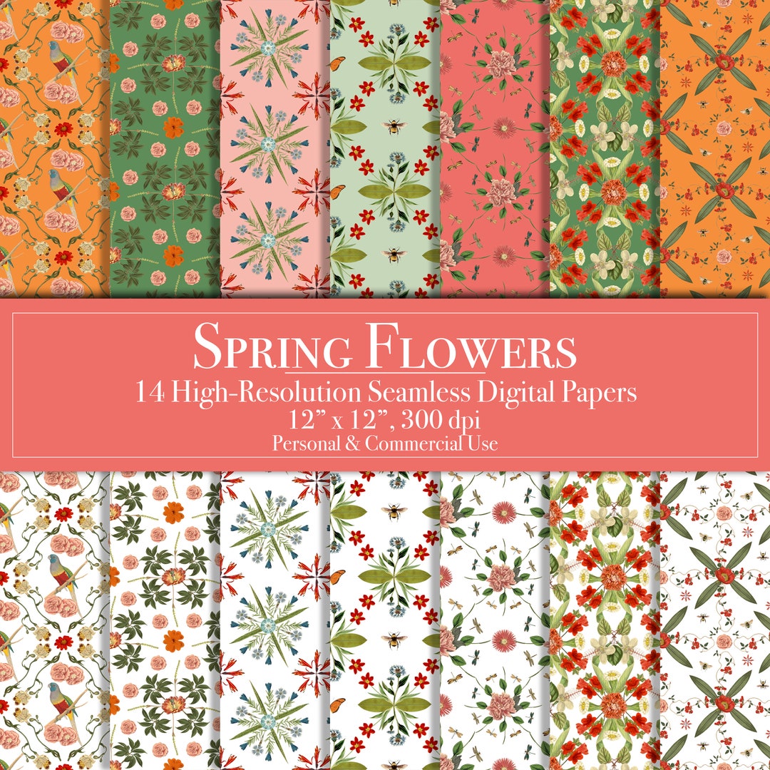 Spring Flowers Digital Paper Bundle, Seamless Patterns Scrapbook Paper ...