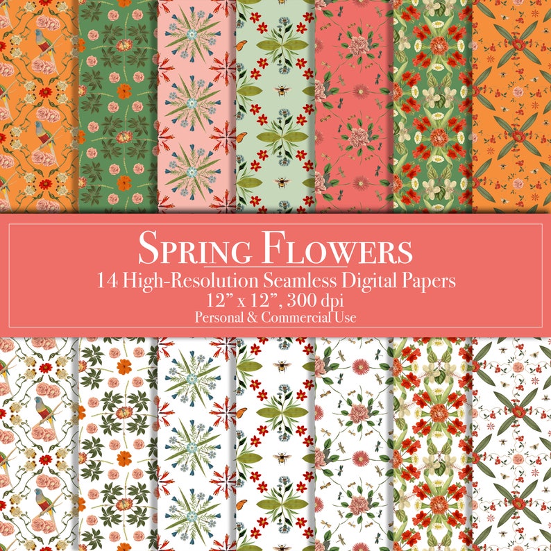 Spring Flowers Digital Paper Bundle, Seamless Patterns Scrapbook Paper ...