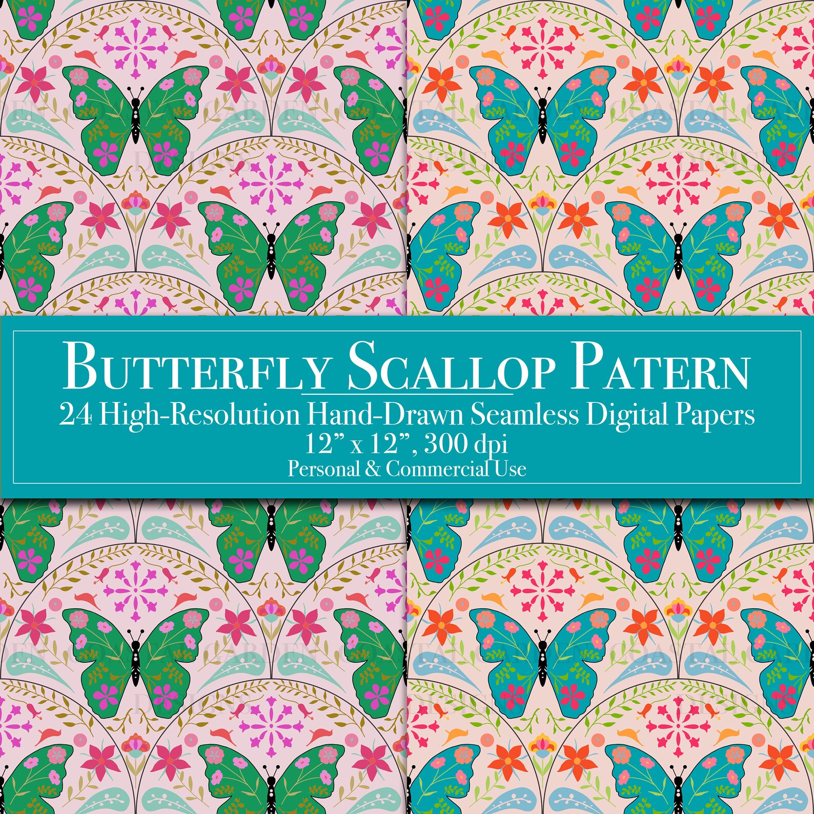 Butterfly Scallop Digital Paper Bundle, Seamless Patterns Scrapbook ...