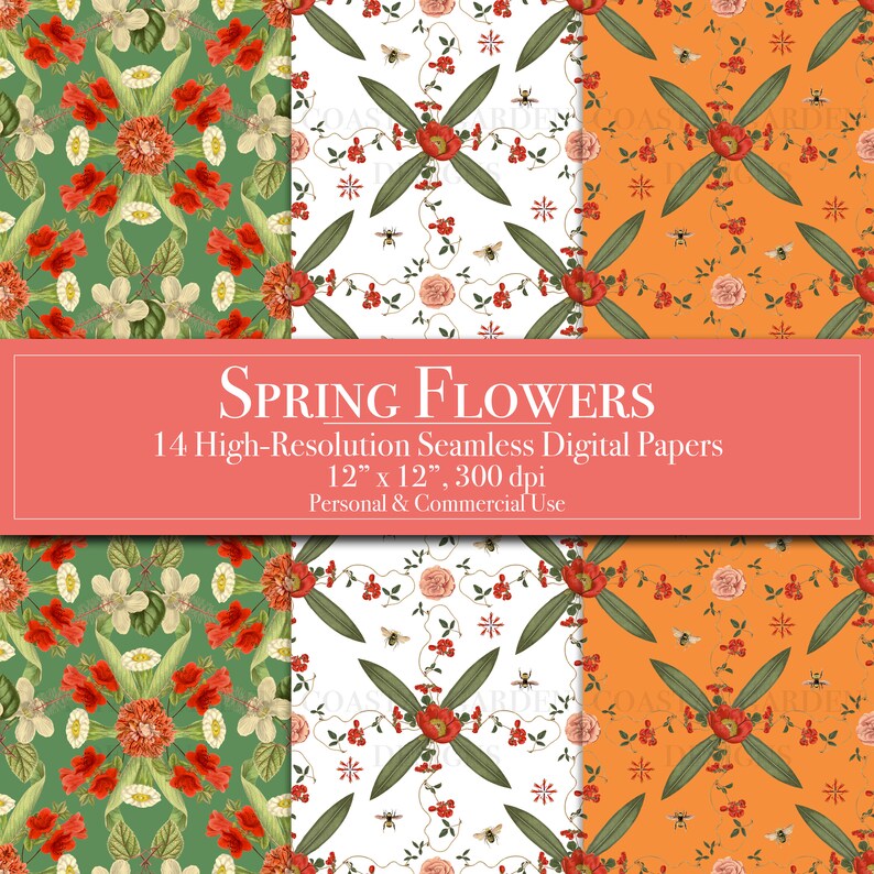 Spring Flowers Digital Paper Bundle, Seamless Patterns Scrapbook Paper ...