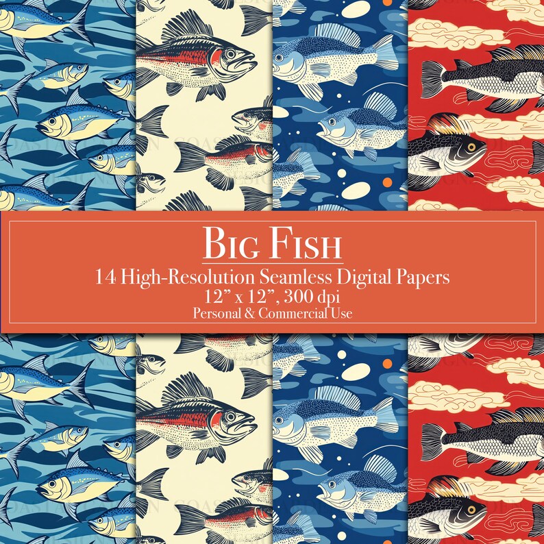 Big Fish Digital Papers, Fishing Seamless Pattern Scrapbook Paper ...