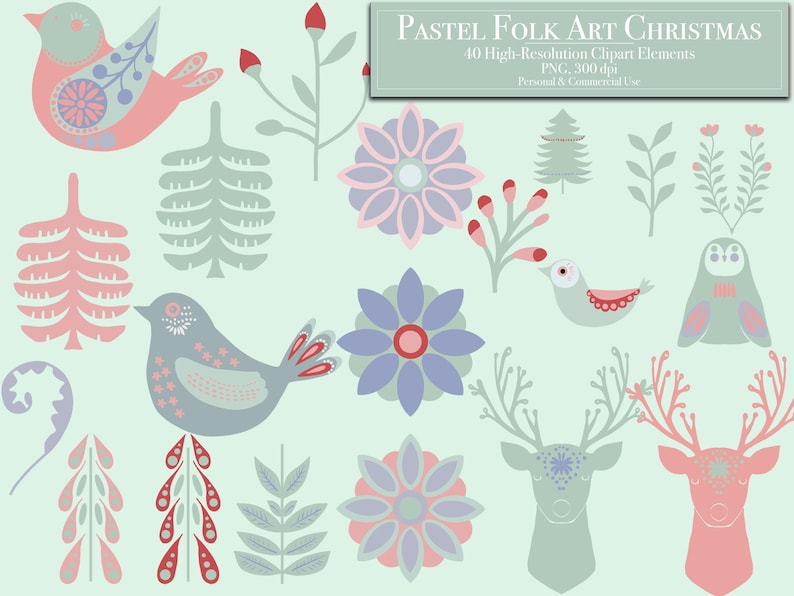 Folk Art Christmas Clipart Pastels, Scandi Clip Art Collection ...