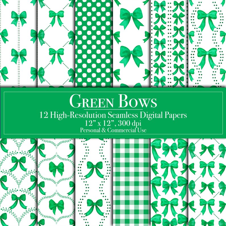 Green Bows Digital Papers & Clipart Bundle, Ribbon Seamless Scrapbook ...