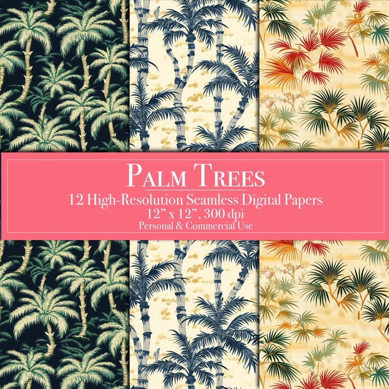 Palm Trees Digital Papers, Seamless Digital Scrapbook Patterns Planner ...