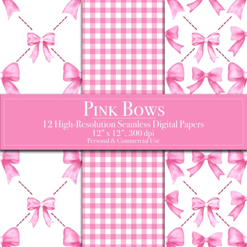 Pink Bows Digital Papers, Preppy Seamless Pattern, Coquette Ribbons ...