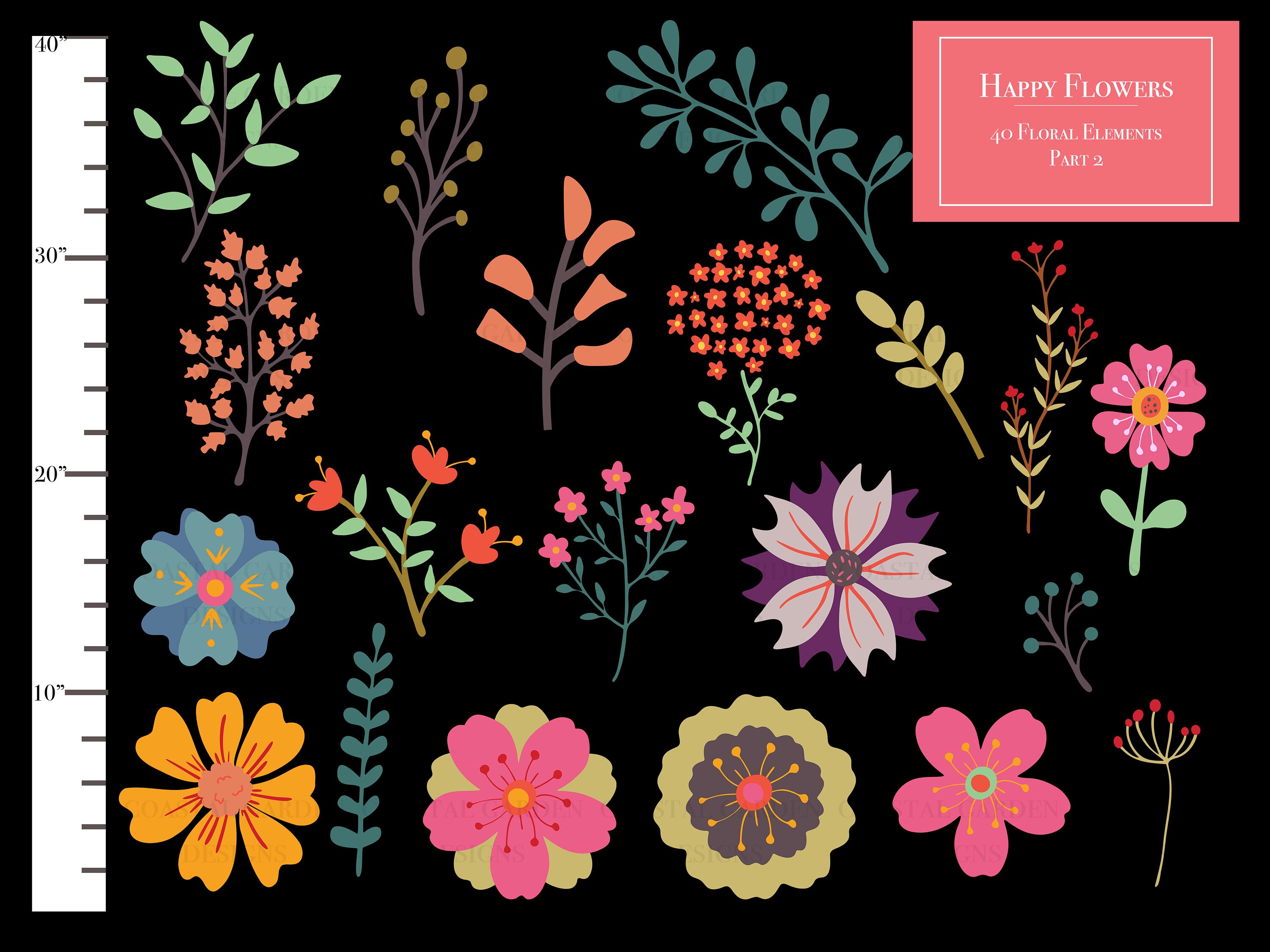 Flowers Clipart Set, Happy Floral Clip Art Collection, Cute Sticker ...