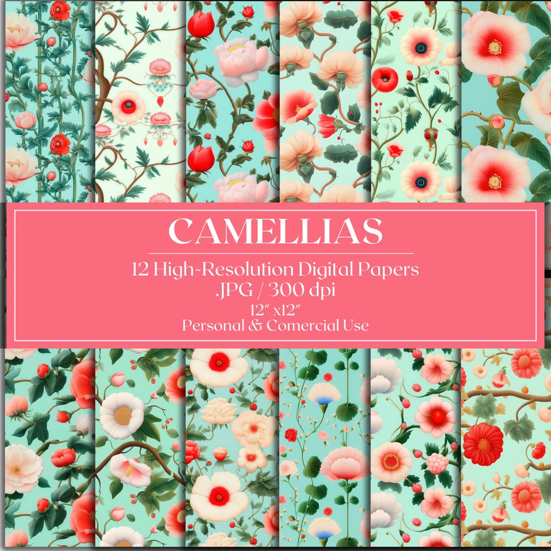 Camellias Digital Papers, Japanese Floral Scrapbook Paper, Botanical ...