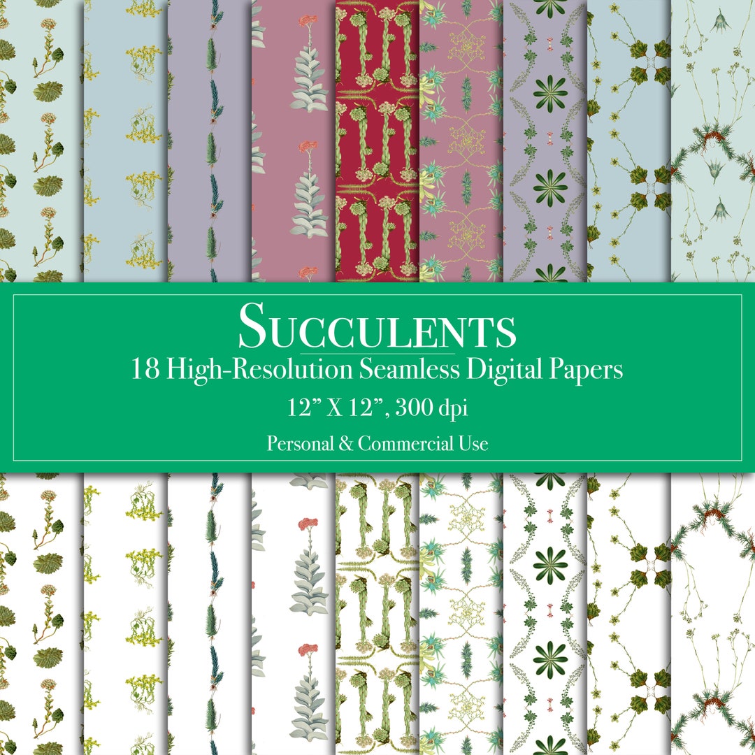 Succulents Digital Paper Bundle, Seamless Pattern Set, Scrapbook Paper ...