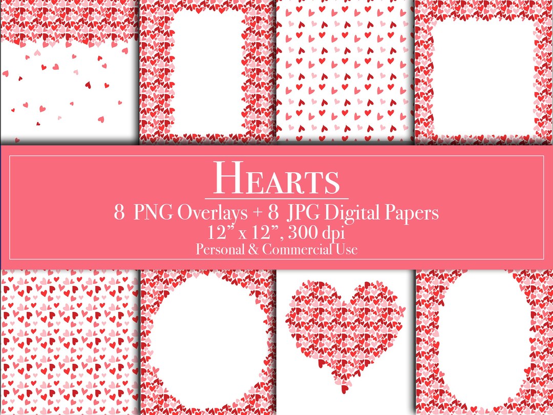 Hearts Overlays + Digital Papers, Heart Confetti, Valentine's Day ...