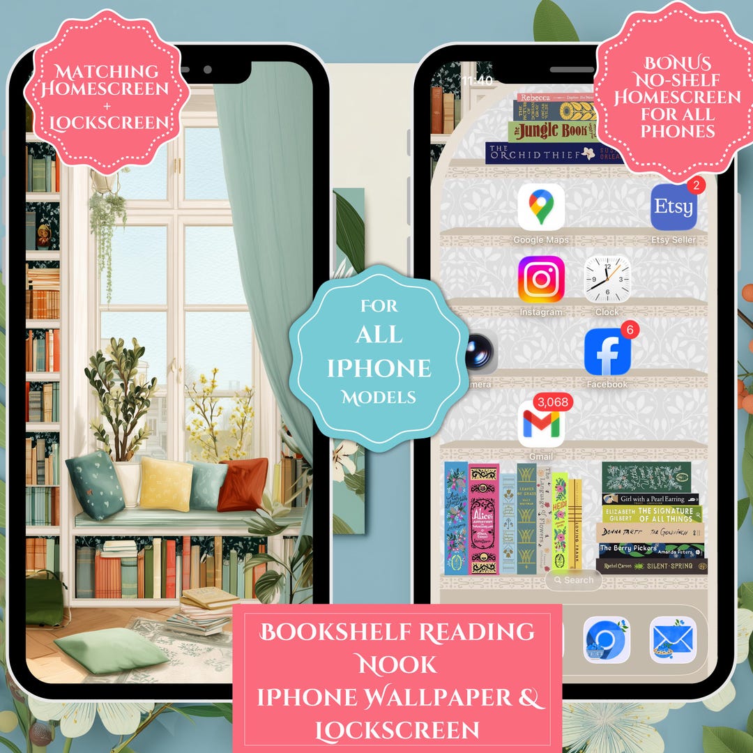 Bookshelf Reading Nook iPhone Wallpaper, Cozy Book Nook Homescreen ...