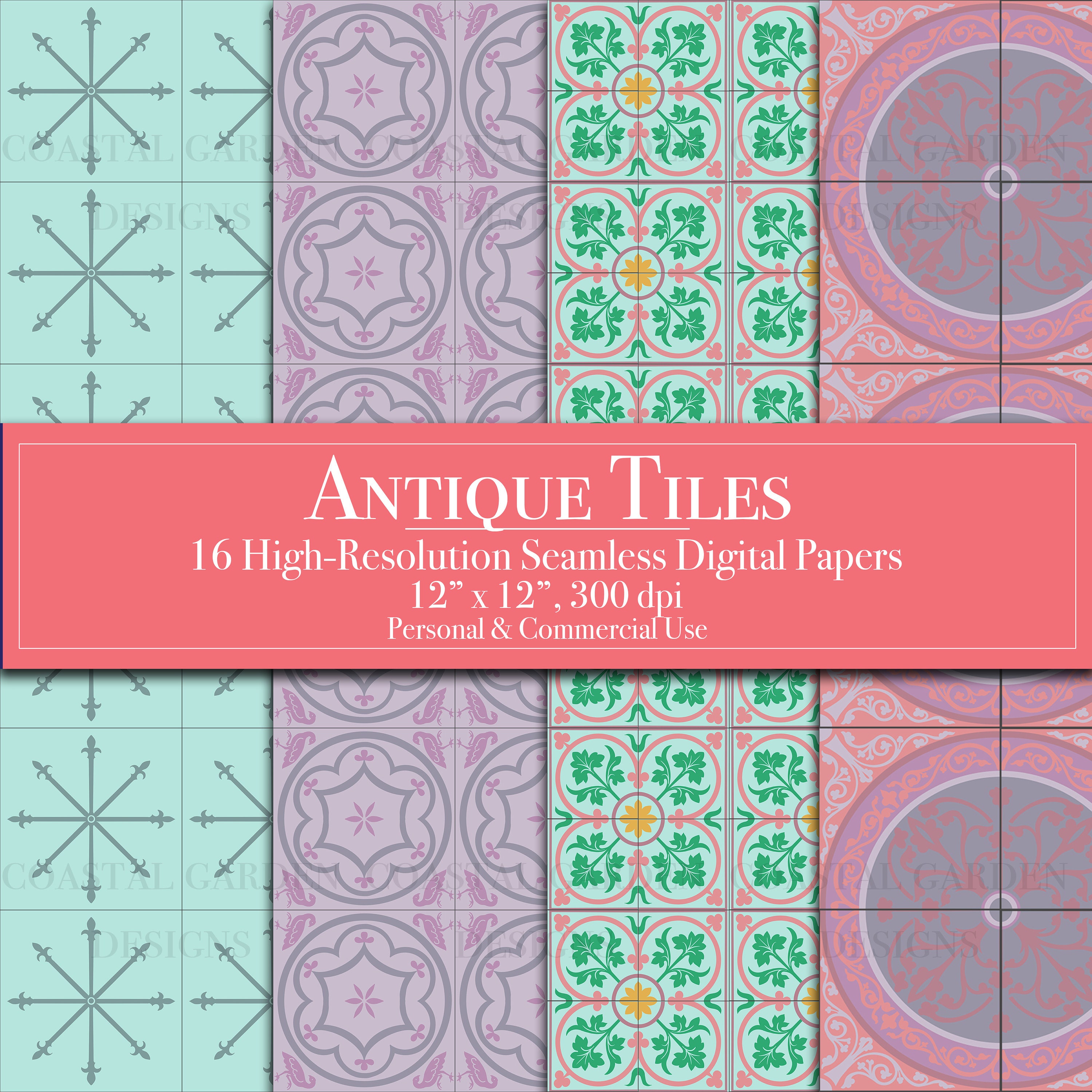 Antique Tiles Digital Paper Bundle, Seamless Patterns, Scrapbook Paper ...