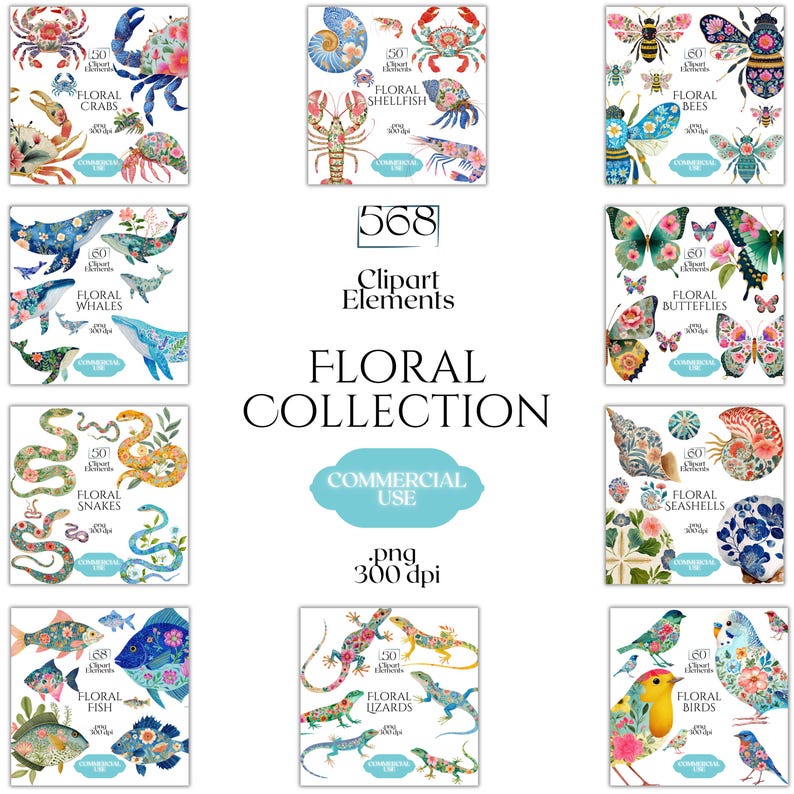Floral Clipart Mega Bundle (568 Files), Large Bundle Botanical Animal ...