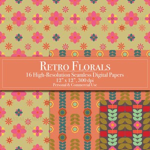Retro Florals Digital Papers, Seamless Pattern Scrapbook Paper ...