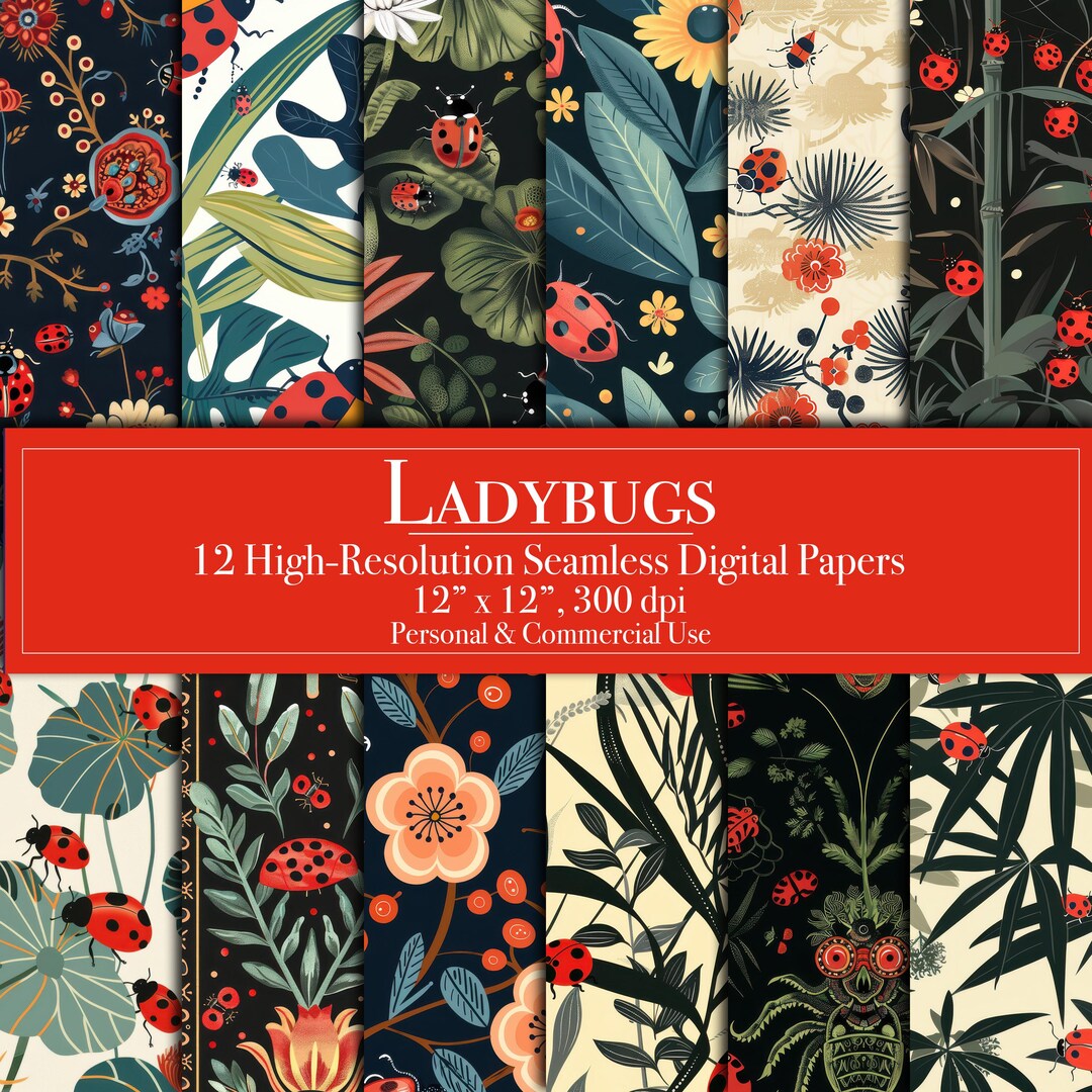 Ladybug Digital Papers, Floral Seamless Digital Scrapbook Patterns ...